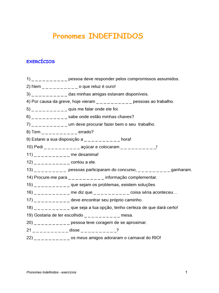 Pronomes INDEFINIDOS - Exercícios | PDF