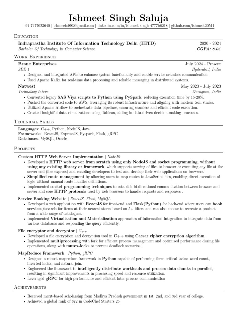 Ishmeet Singh Saluja Resume | PDF | Apache Spark | World Wide Web Ishmeet Singh Saluja Resume | PDF | Apache Spark | World Wide Web