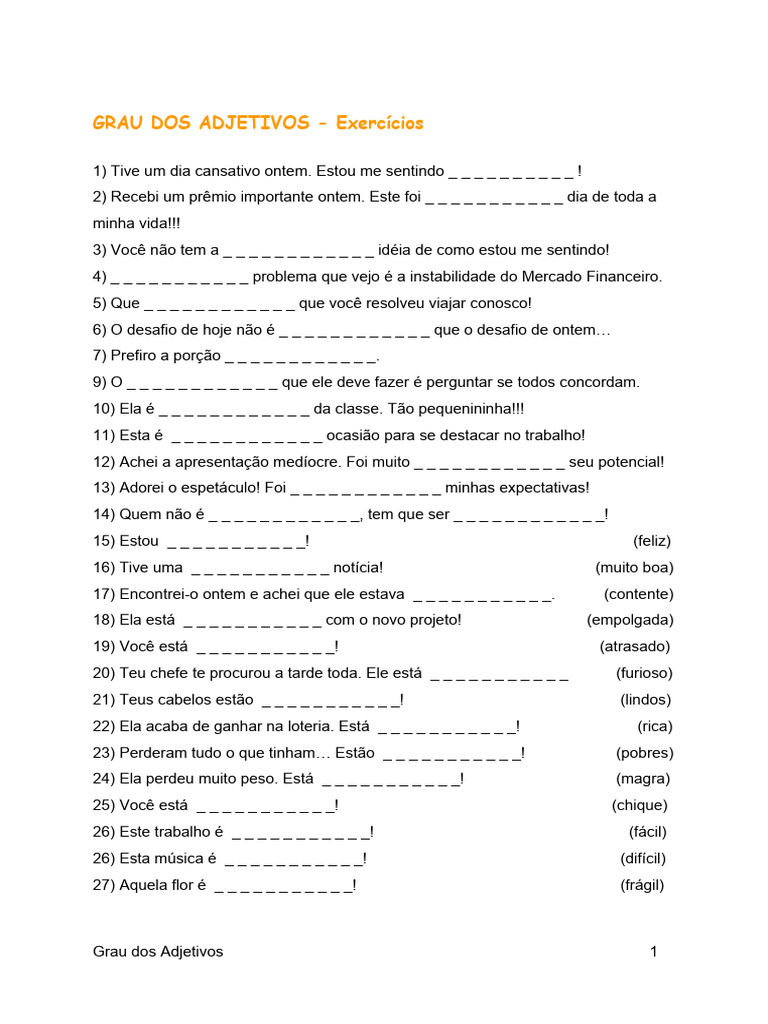 Grau Dos Adjetivos - Exercícios | PDF