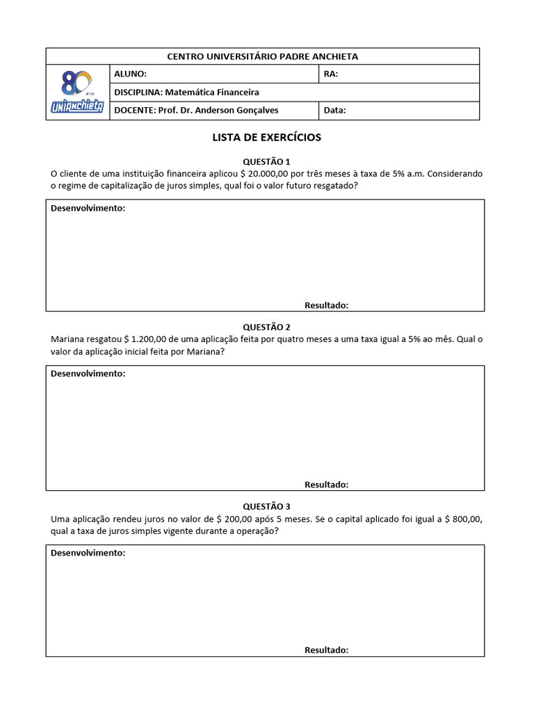 Lista de Exercícios | PDF | Juros | Serviços financeiros