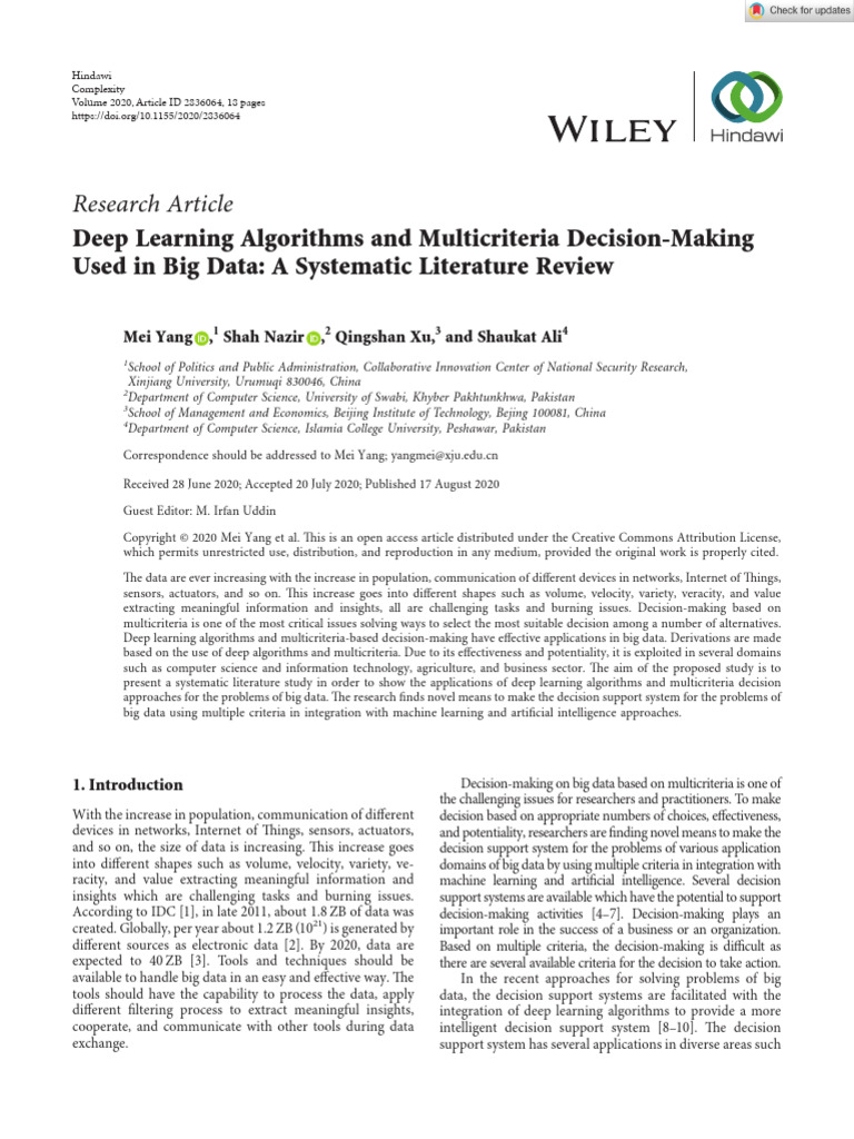 Complexity - 2020 - Yang - Deep Learning Algorithms and Multicriteria Decision‐Making Used in ...