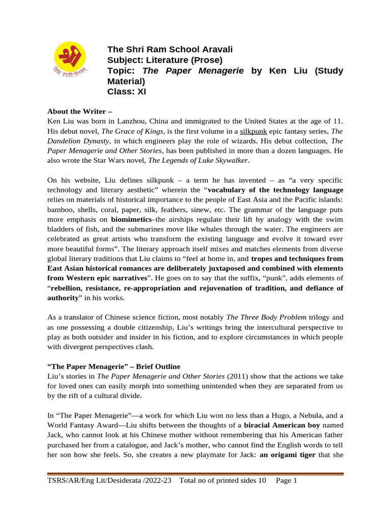 11 Eng Lit The Paper Menagerie Handout 23-24 For Students | PDF