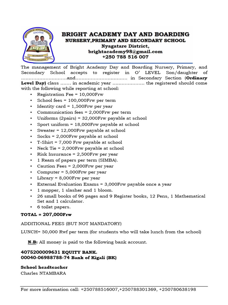 Bright Academy O' Level Registration Fees | PDF