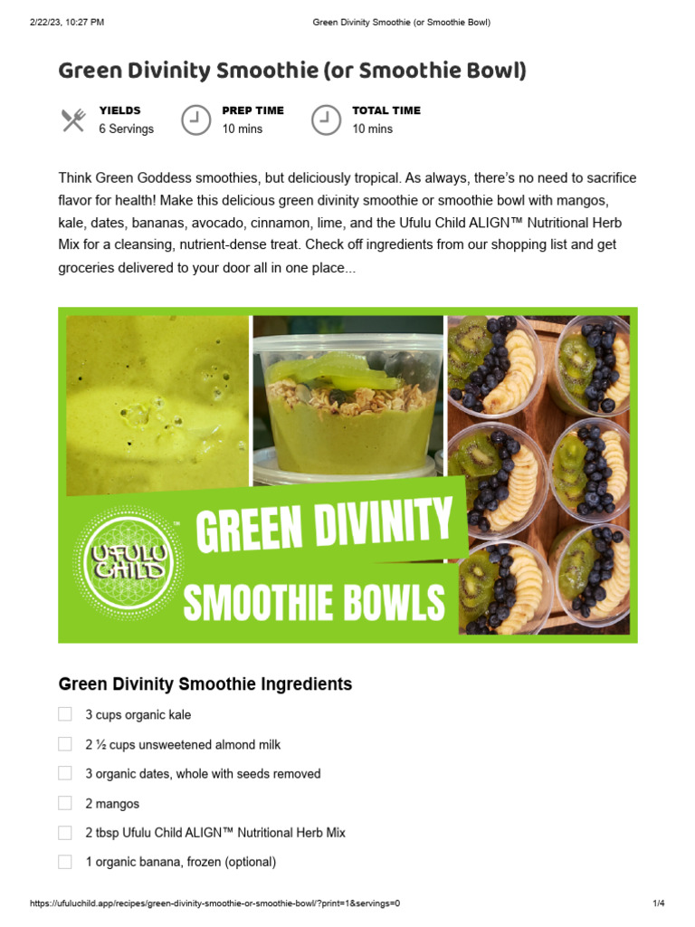 Green Divinity Smoothie (Or Smoothie Bowl) | PDF | Smoothie | Mango
