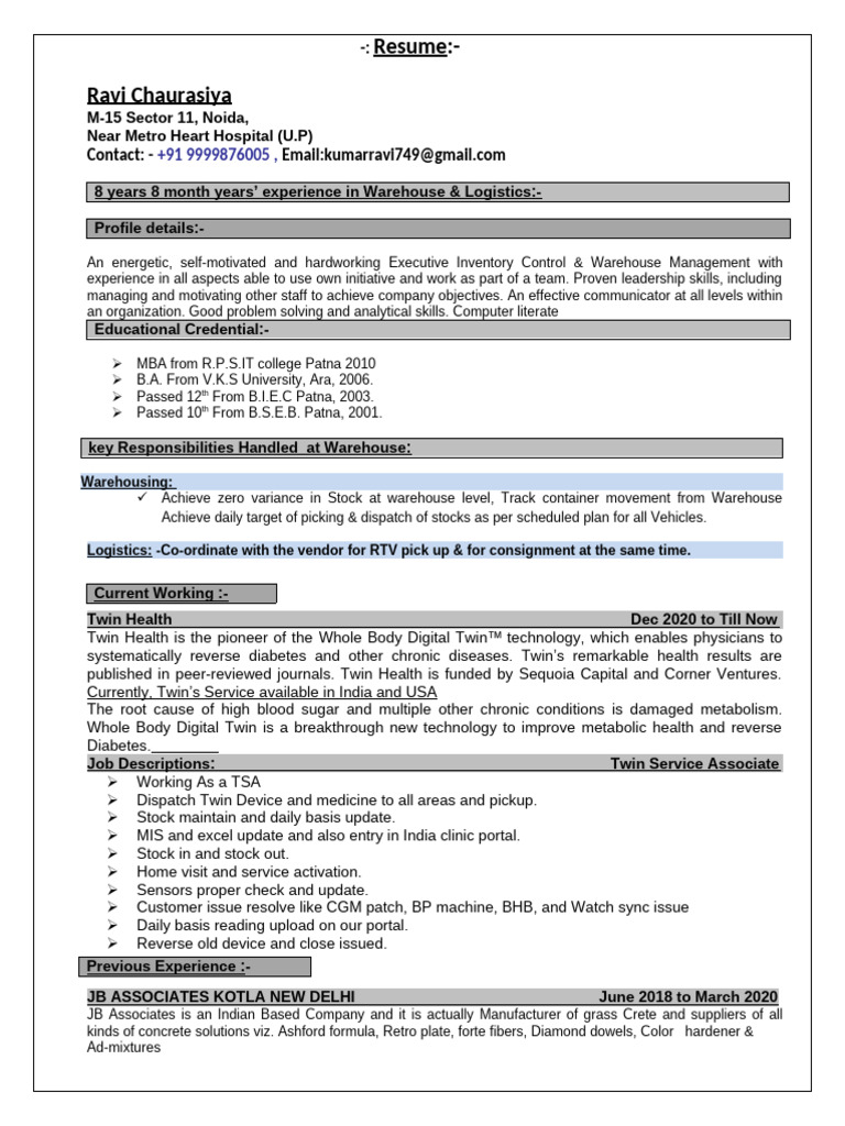 Ravi Chaurasiya Resume - 1695398655016 - Ravi Chaurasiya | PDF | Warehouse | Logistics