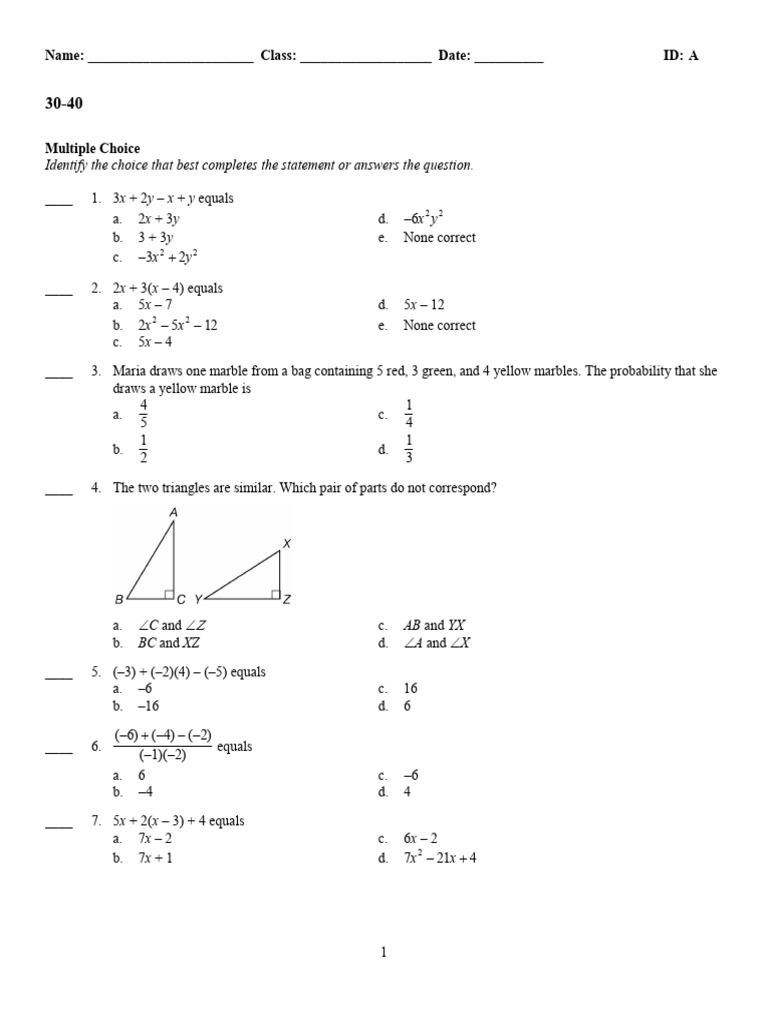Saxon Pre-Algebra Practice Test | PDF | Area | Circle