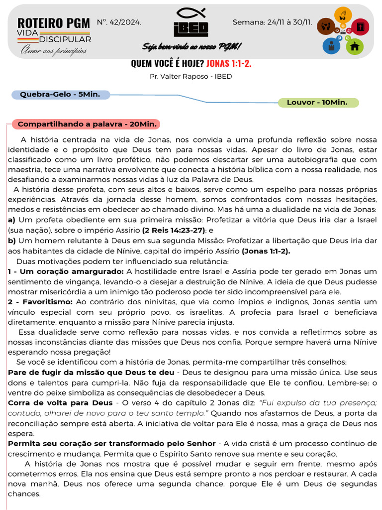 Roteiro PGM IBED 42.2024. Quem Você É Hoje. | PDF | Jonas | Presente espiritual