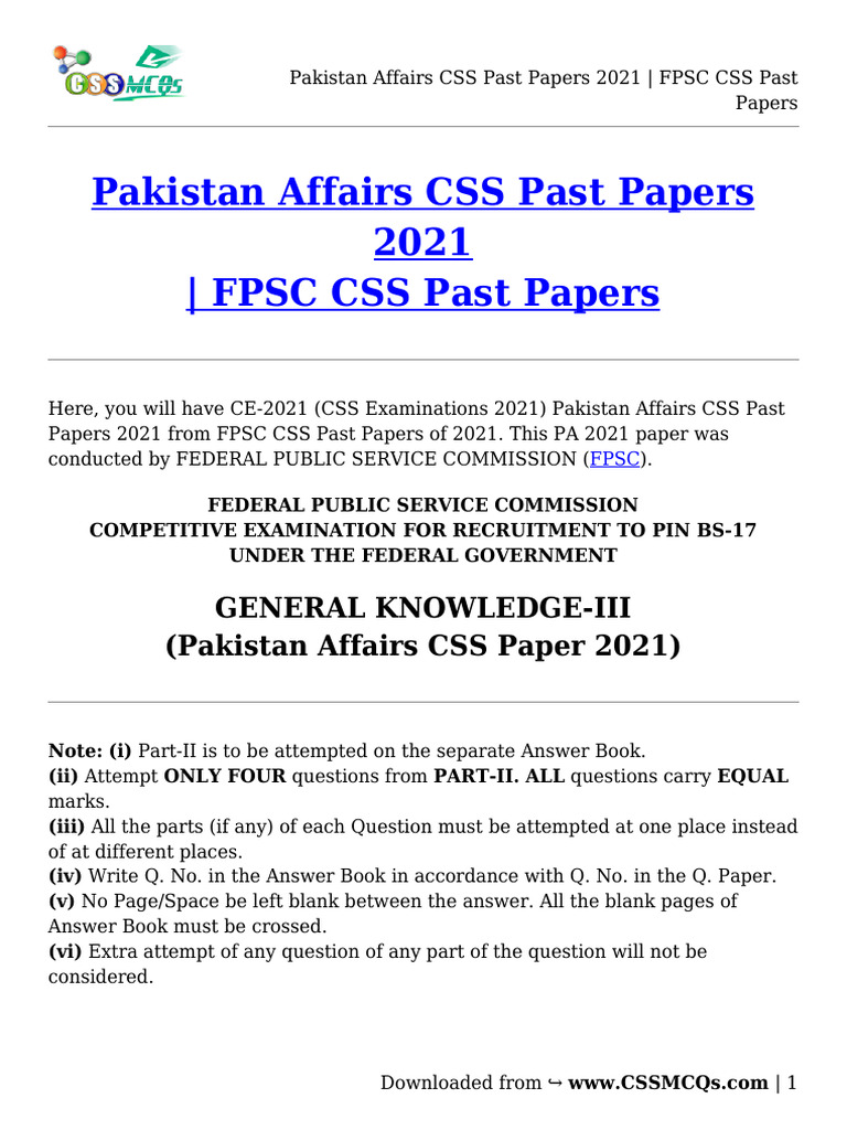 Pakistan Affairs CSS Past Papers 2021 - FPSC CSS Past Papers | PDF ...