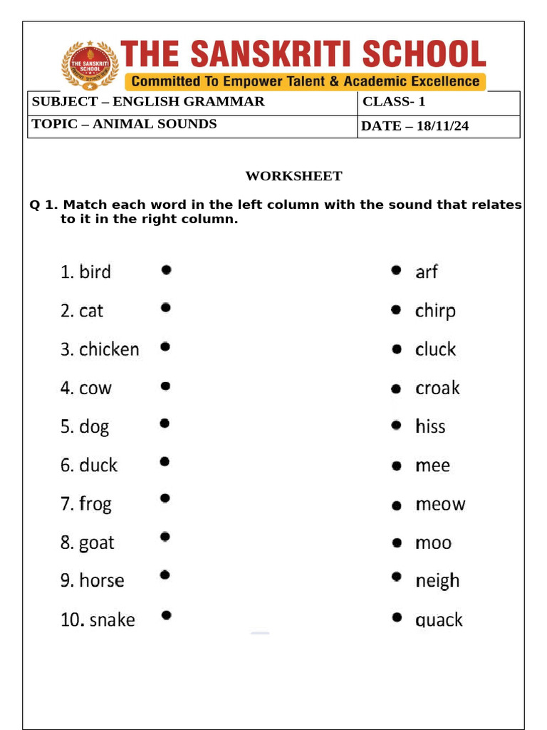 Animal Sounds Worksheet for Grade 1 | PDF