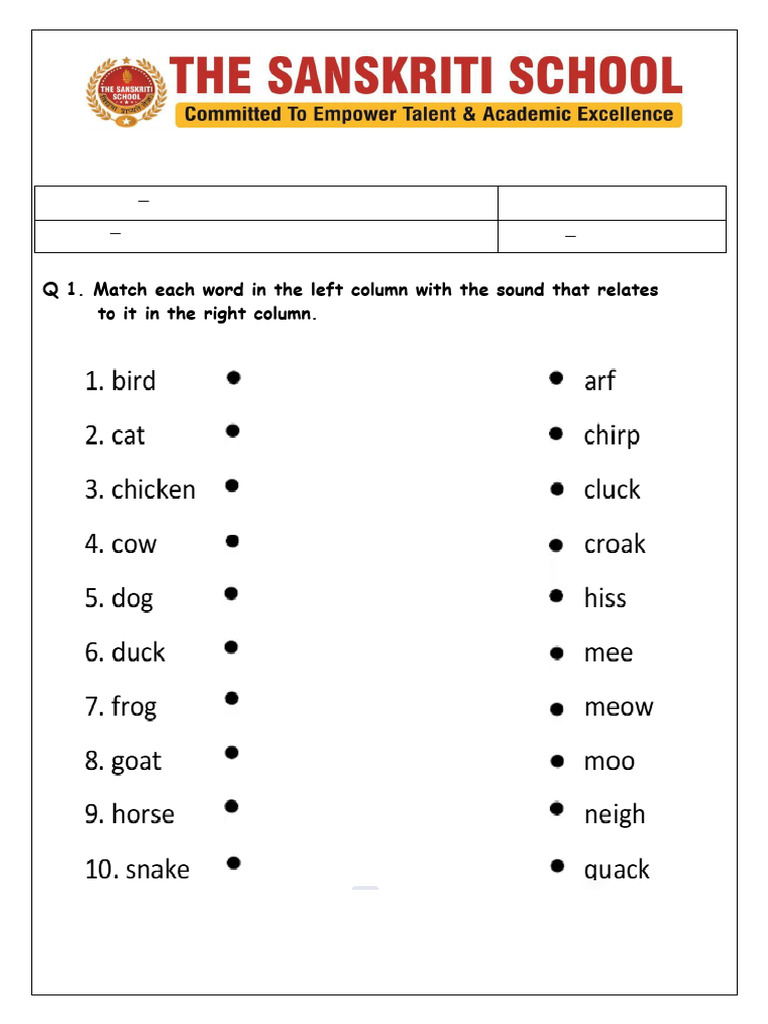Animal Sounds Worksheet for Class 1 | PDF