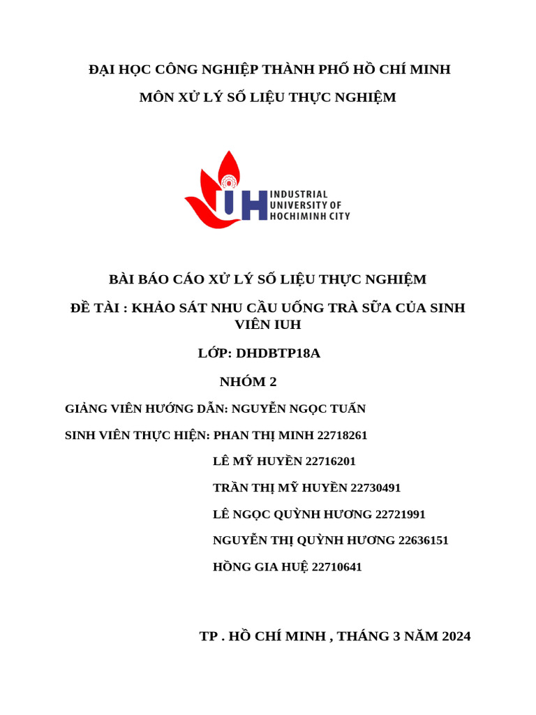KHẢO SÁT NHU CẦU UỐNG TRÀ SỮA CỦA SINH VIÊN IUH | PDF