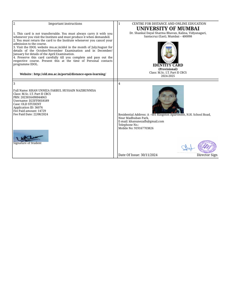 M.Sc. I.T. Provisional ID Card Instructions | PDF