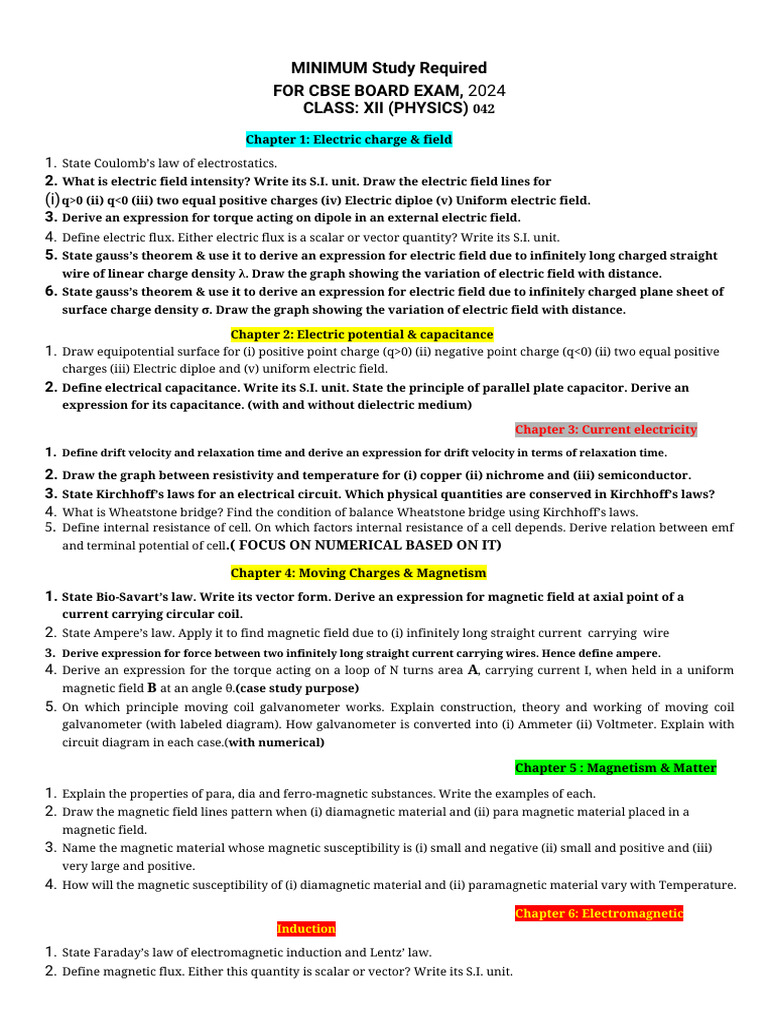 IMP Topics For Physics 2024 | PDF | Electric Field | Applied And ...