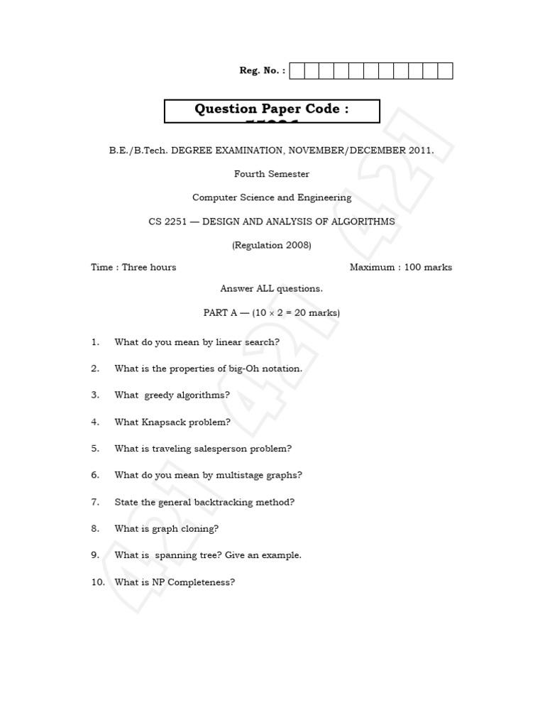 CS 2251 - DESIGN AND ANALYSIS OF ALGORITHMS Question Paper NOVEMBERDECEMBER 2011 | PDF ...
