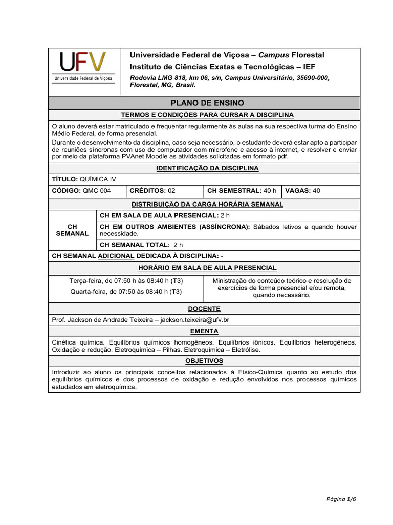 Plano de Ensino - QMC 004 t3 | PDF | Equilíbrio químico | Eletroquímica