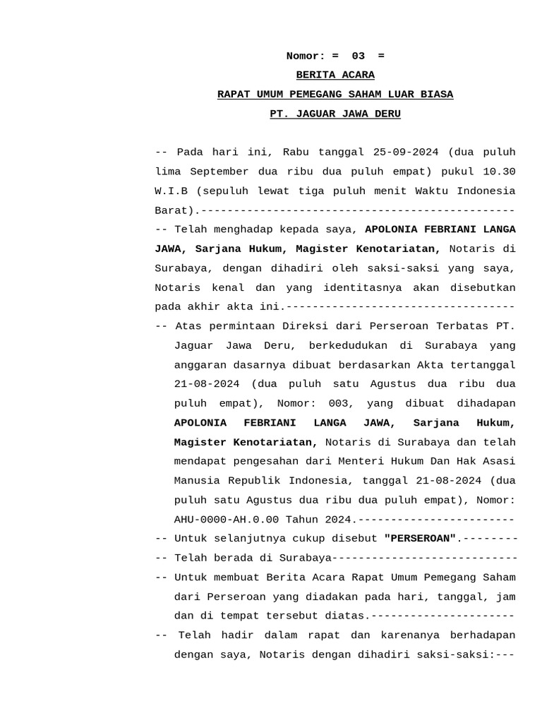 03.berita Acr. RUPS-Perub. Pegurus (Apolonia F.L Jawa-233232045) | PDF