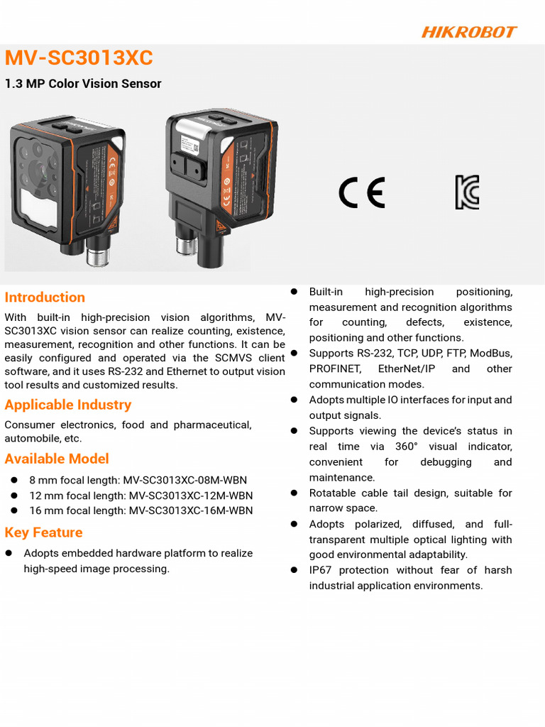 MV-SC3013XC Vision Sensor Overview | PDF | Computer Engineering | Optics