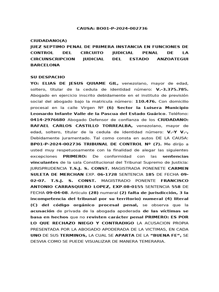 29-11-2024 - Ecepciones BP01-002736 Castillo | PDF | Fiscal | Sentencia (ley)