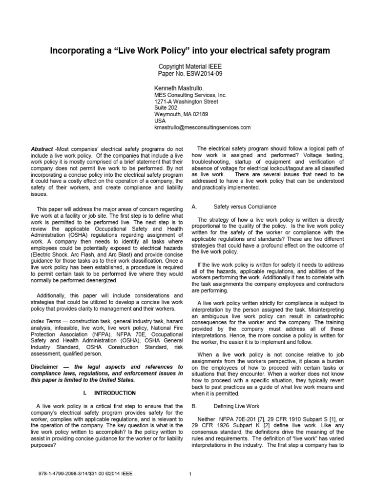 Incorporating A "Live Work Policy" Into Your Electrical Safety Program ...