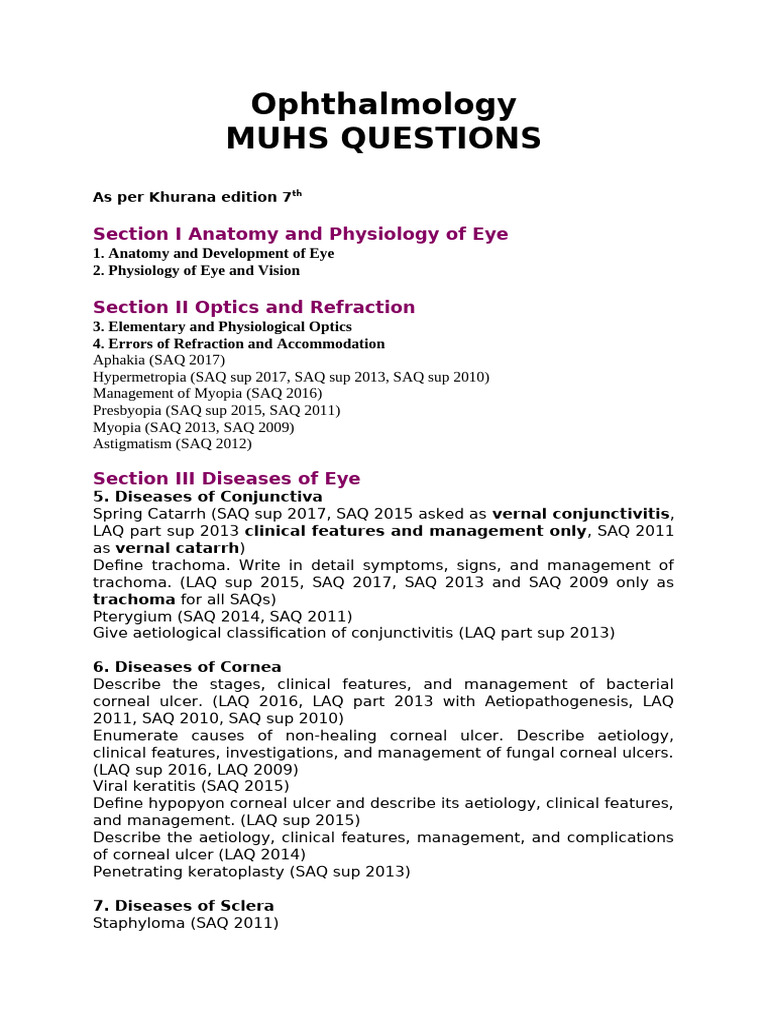 1. MUHS Ophthalmology questions | PDF | Glaucoma | Cornea