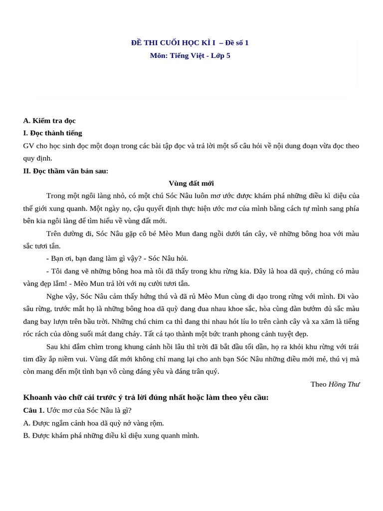 Đề ck1 tiếng việt 5 đề 1 | PDF