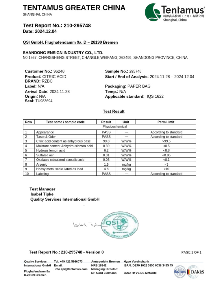 Citric Acid Test Report Summary | PDF