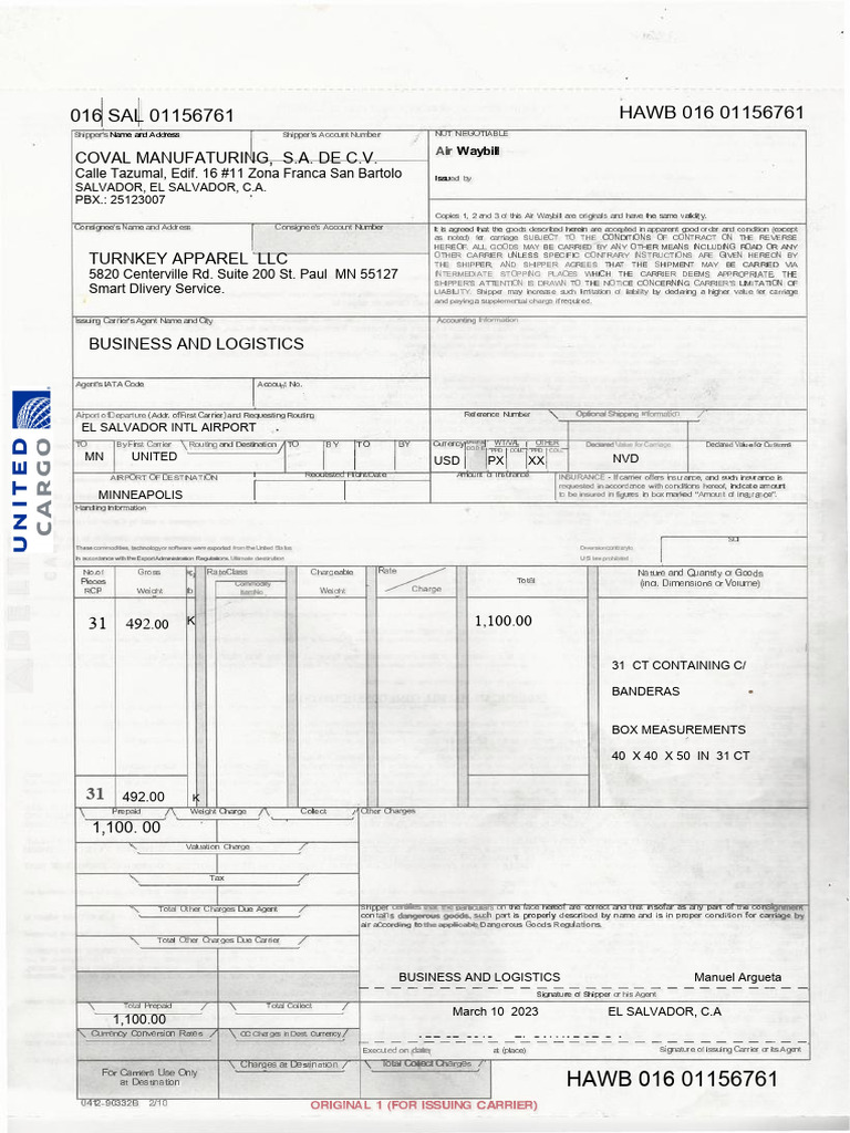 Air Waybill for Coval Manufacturing | PDF | Private Law