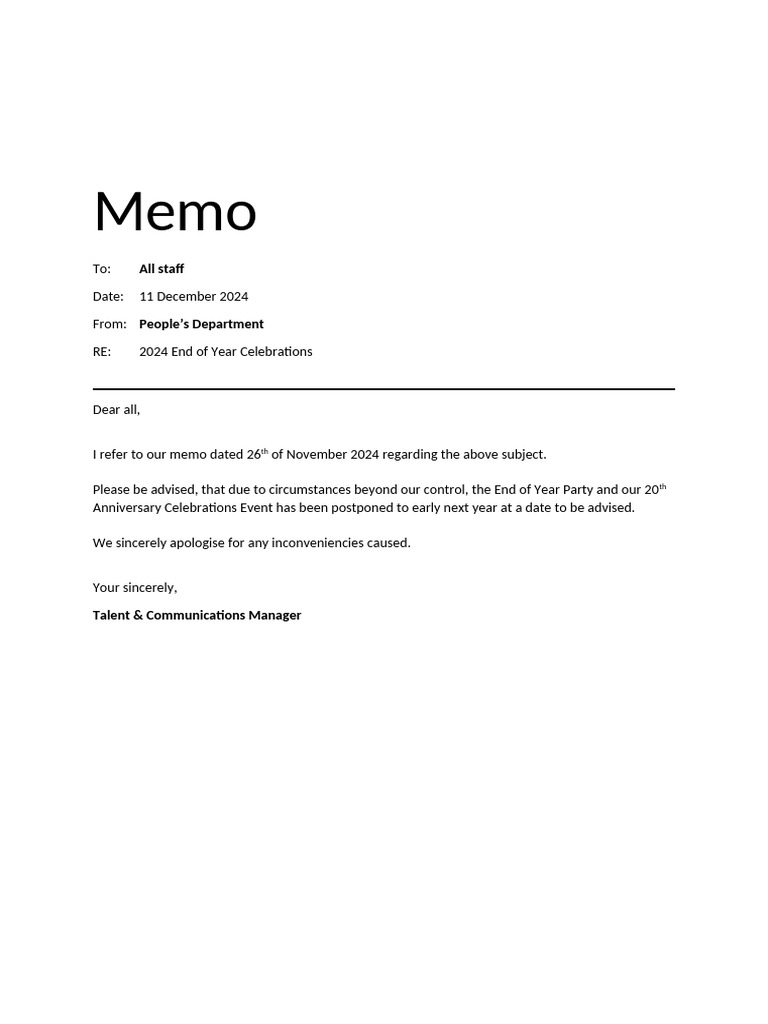 Memo - 2024 End of Year Celebrations Postponed | PDF