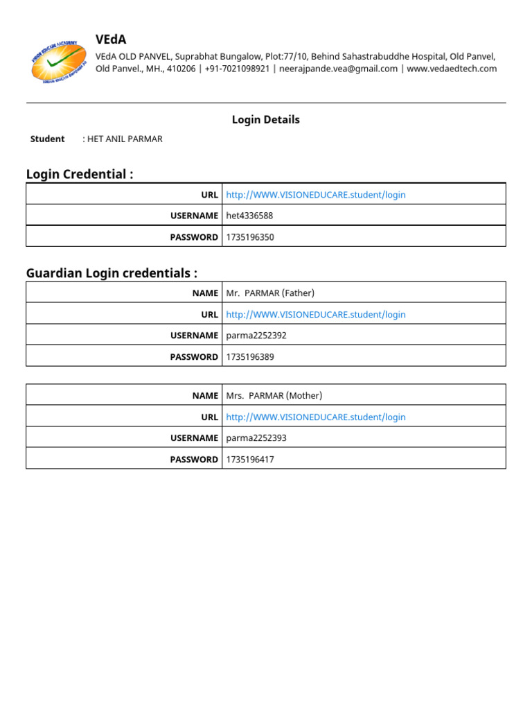 VEdA_OLD_PANVEL_HET_ANIL_PARMAR_login_details | PDF