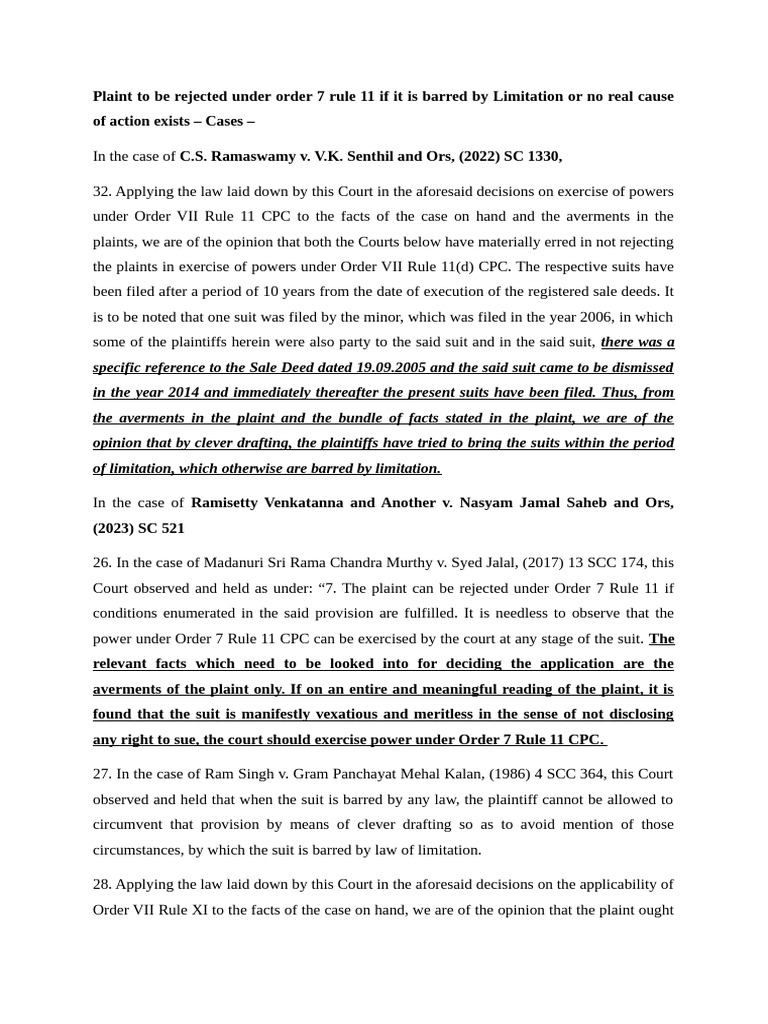 Plaint To Be Rejected Under Order 7 Rule 11 If It Is Barred by ...