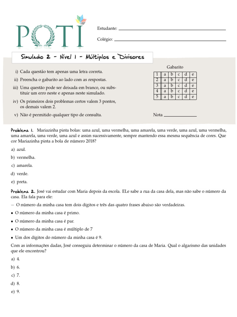 Simulado N1 02 Multiplos Divisores | PDF | Cor | Número primo