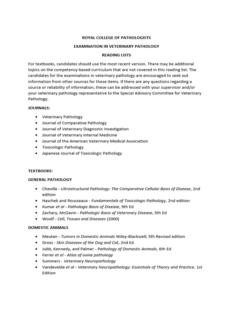 RCPath Vet Path Reading List | PDF | Pathology | Veterinary Medicine