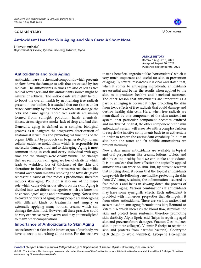 Antioxidant Uses For Skin Aging and Skin Care A Short Note | PDF ...