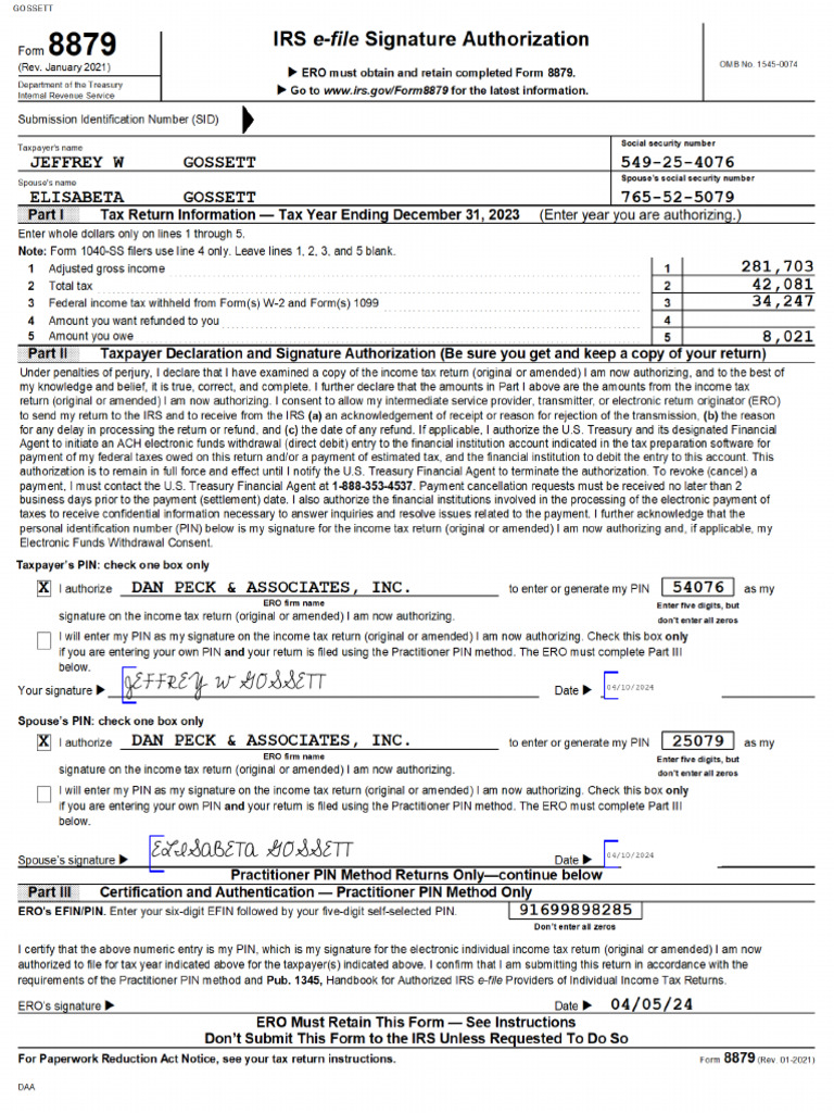 2023 Form 8879, IRS E-File Signature Authorization | PDF