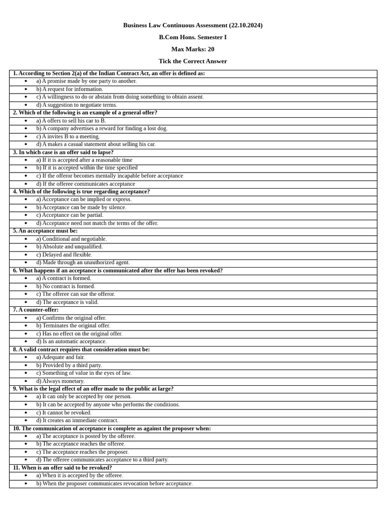 Business Law Test BCH Set B Final | PDF | Offer And Acceptance | Legal ...