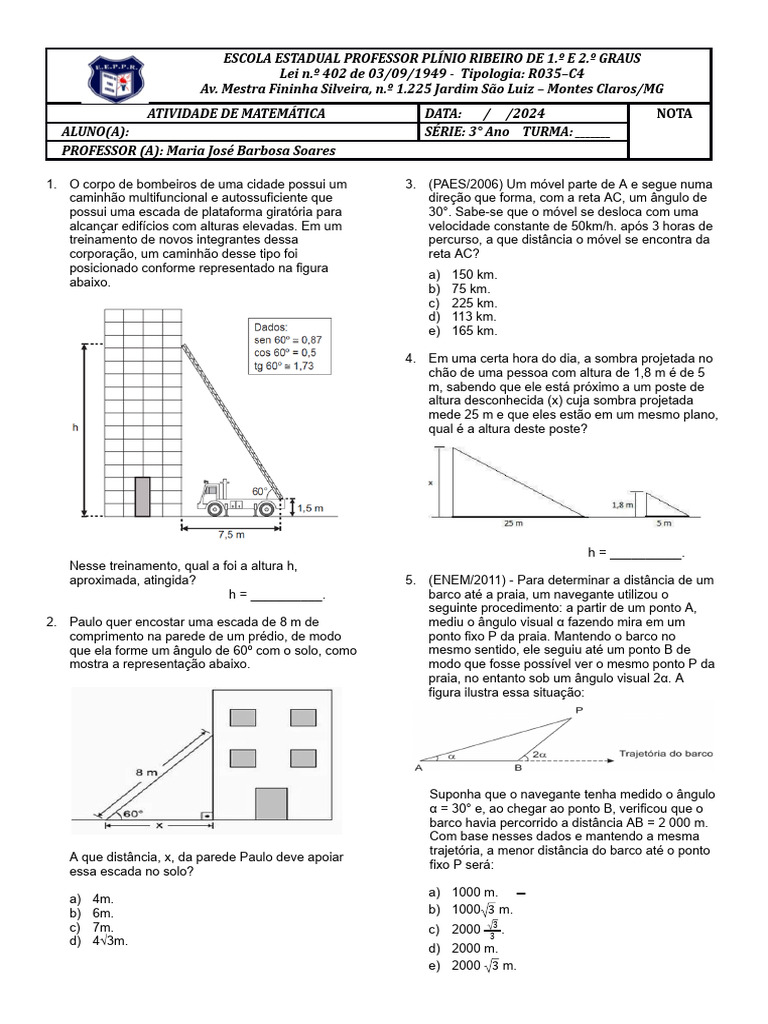 Trigonometria no triangulo retÃ¢ngulo.docx | PDF | Triângulo