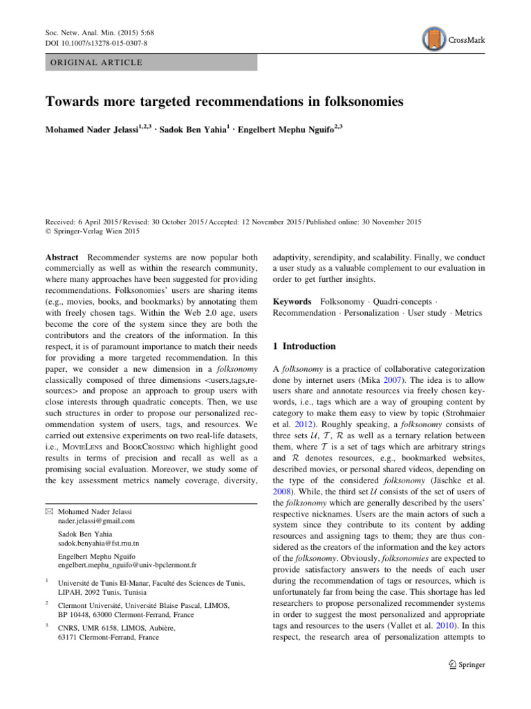 Towards More Targeted Recommendations in Folksonomies | PDF | Tag ...
