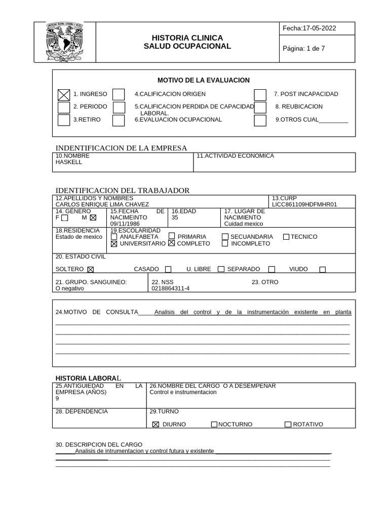 HISTORIA CLÍNICA OCUPACIONAL | PDF | Seguridad y salud ocupacional | Especialidades Medicas