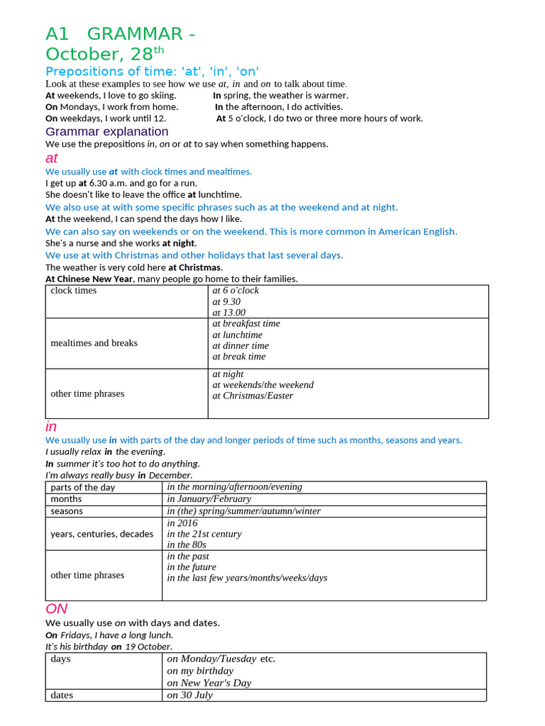 Prepositions of Time and Place Explained | PDF
