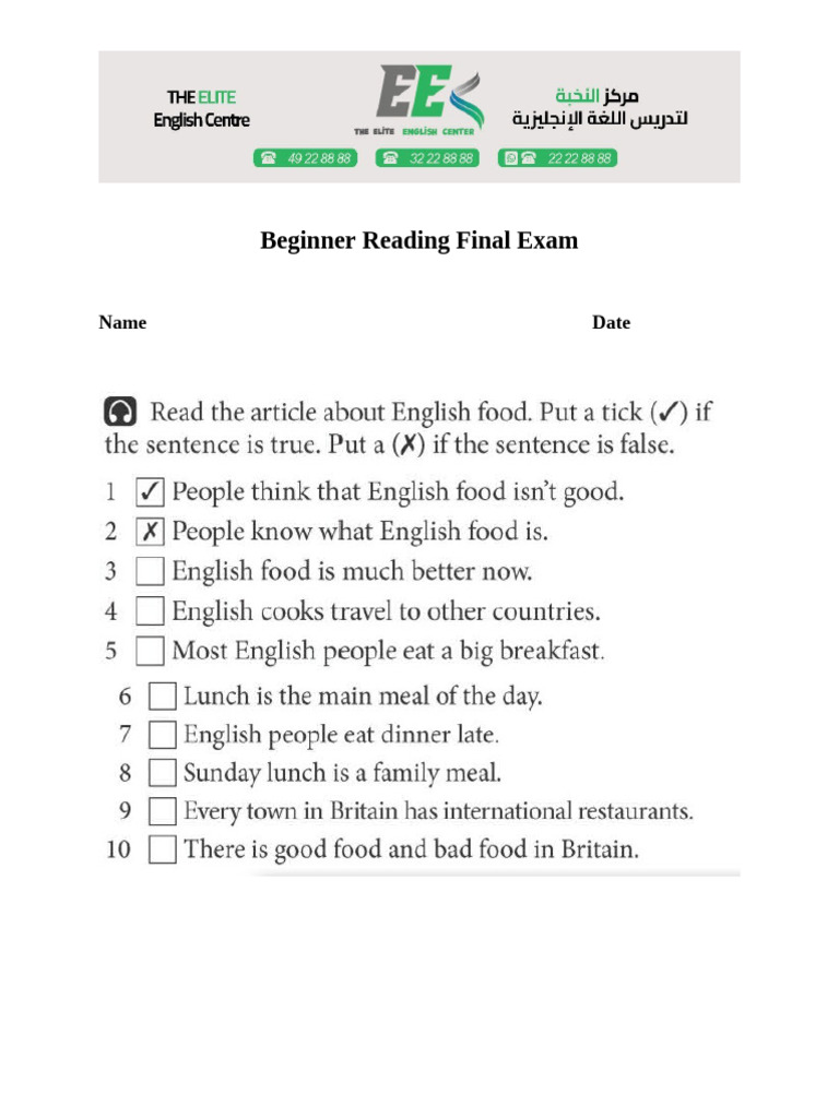Beginner Reading Final Exam | PDF