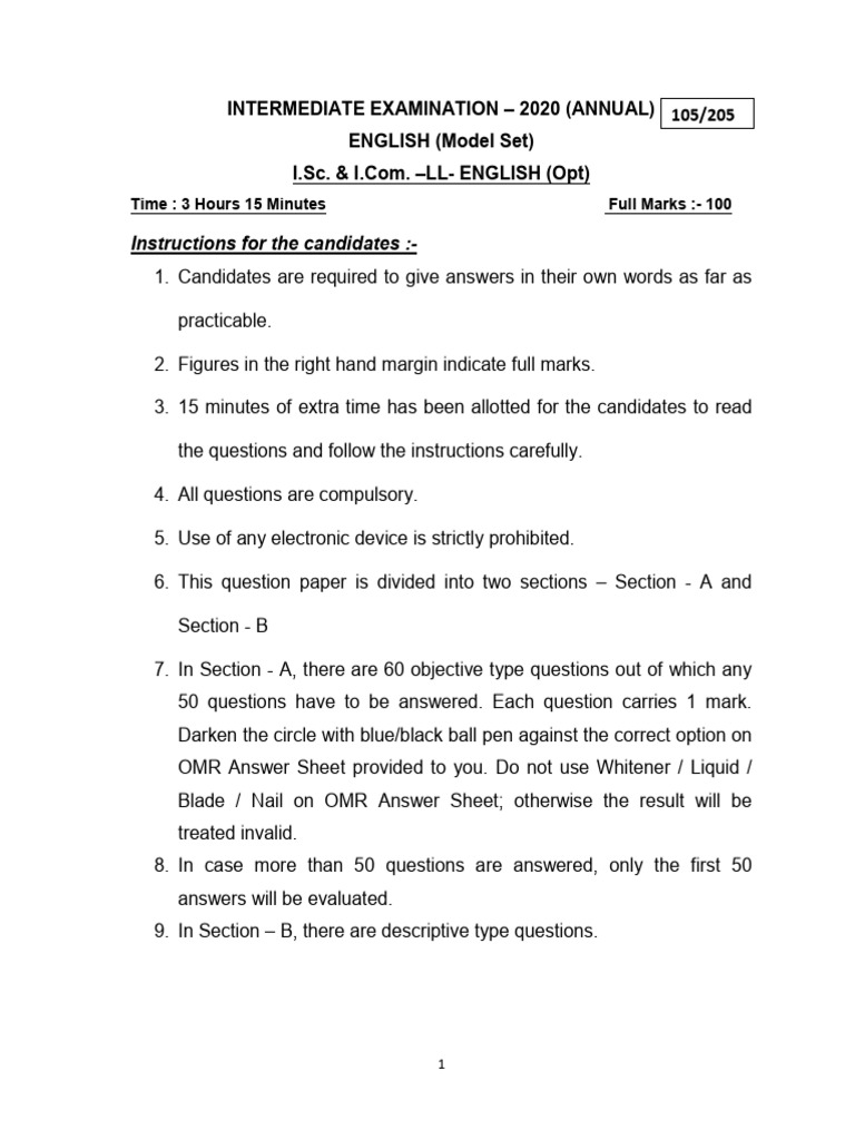 2020 Class 12 English Model Paper | PDF