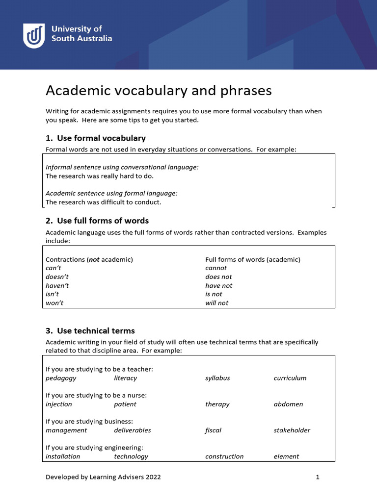 Academic Vocabulary and Phrases - 2022 | PDF | Vocabulary | Learning