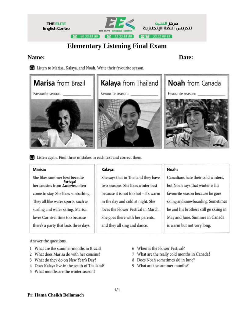 Elementary Listening Final Exam | PDF