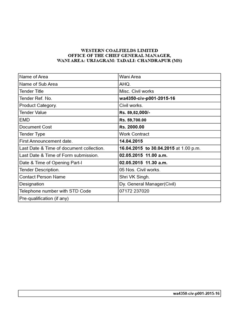 WCL Wani Area Misc. Civil Works Tender | PDF | Electrical Wiring | Concrete