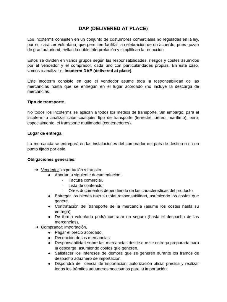 Incoterm DAP: Responsabilidades y Entrega | PDF