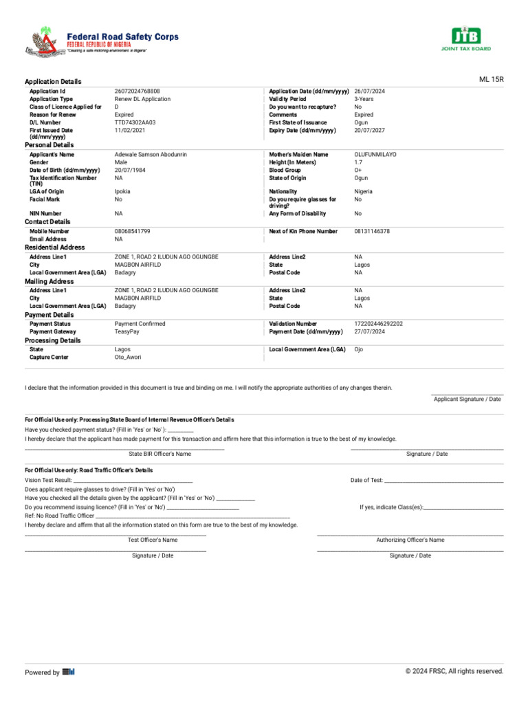 Ojo LGA Driving Licence Renewal Form | PDF