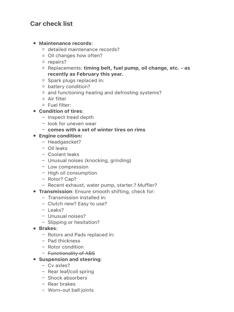 Comprehensive Car Maintenance Checklist | PDF