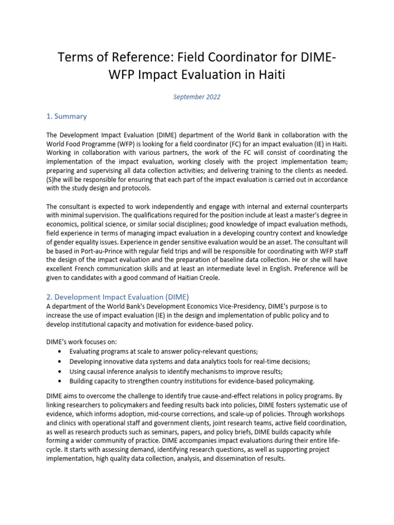 ToR Field Coordinator Haiti EN | PDF | Policy | Data