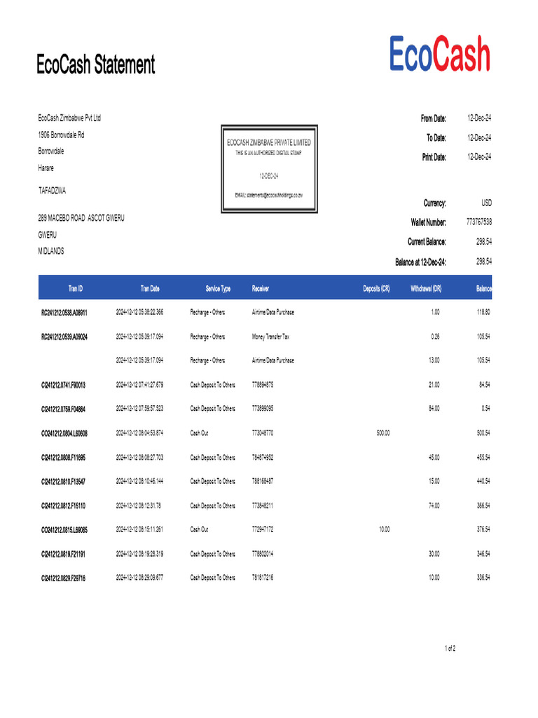 Ecocash Statement 20241212103554USD | PDF | Payments | International Finance