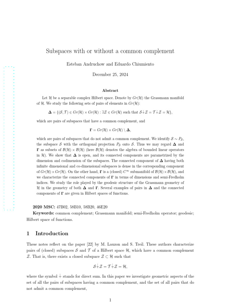 Subspaces With or Without A Common Complement | PDF | Linear Subspace | Hilbert Space